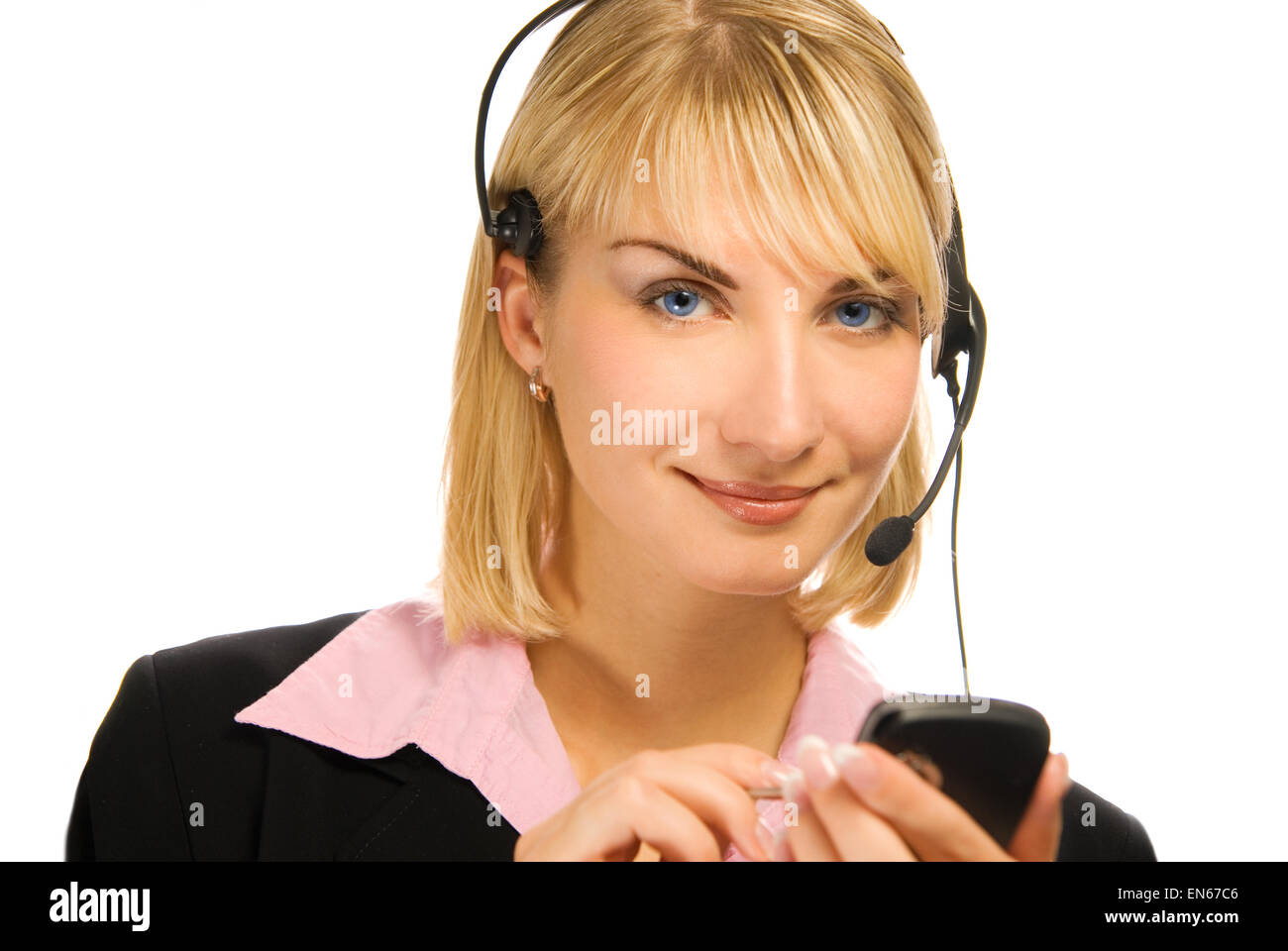 Beautiful hotline operator with cellphone in her hands isolated on ...