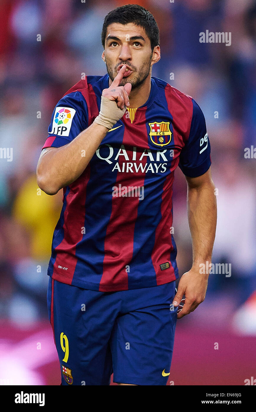 Barcelona, Spain. 28th Apr, 2015. Luis Suarez (FC Barcelona) celebrates ...