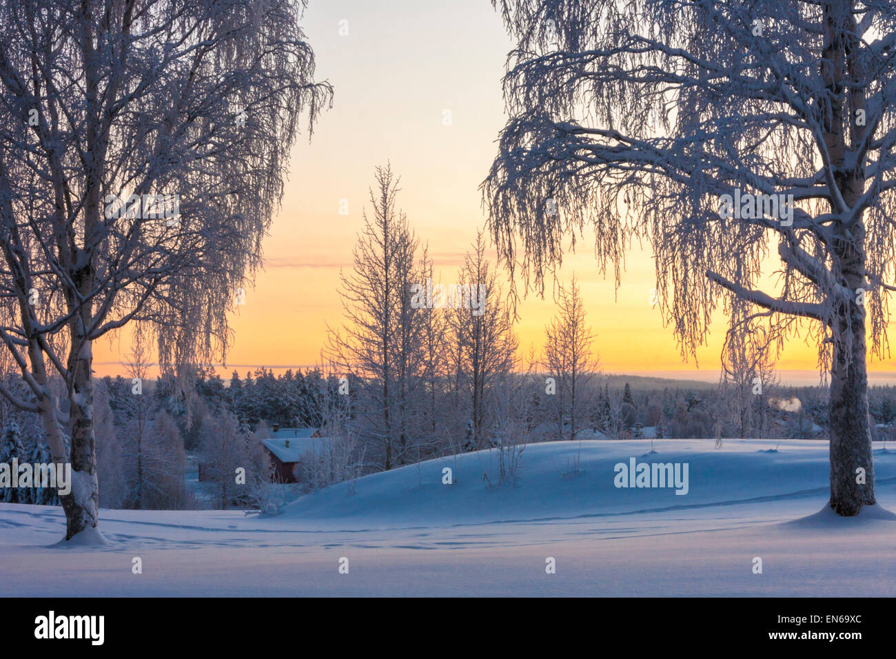 Sunset in winter landscape in Gällivare, Swedish lapland Stock Photo ...