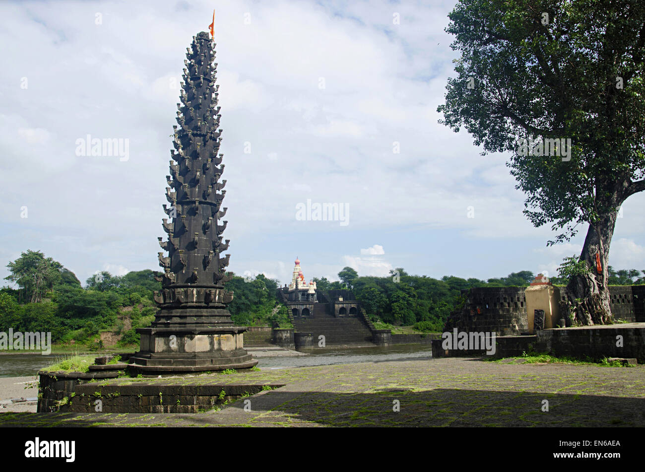 View of a temple and Deepmaal, Mahuli Sangam, Satara, Maharashtra ...