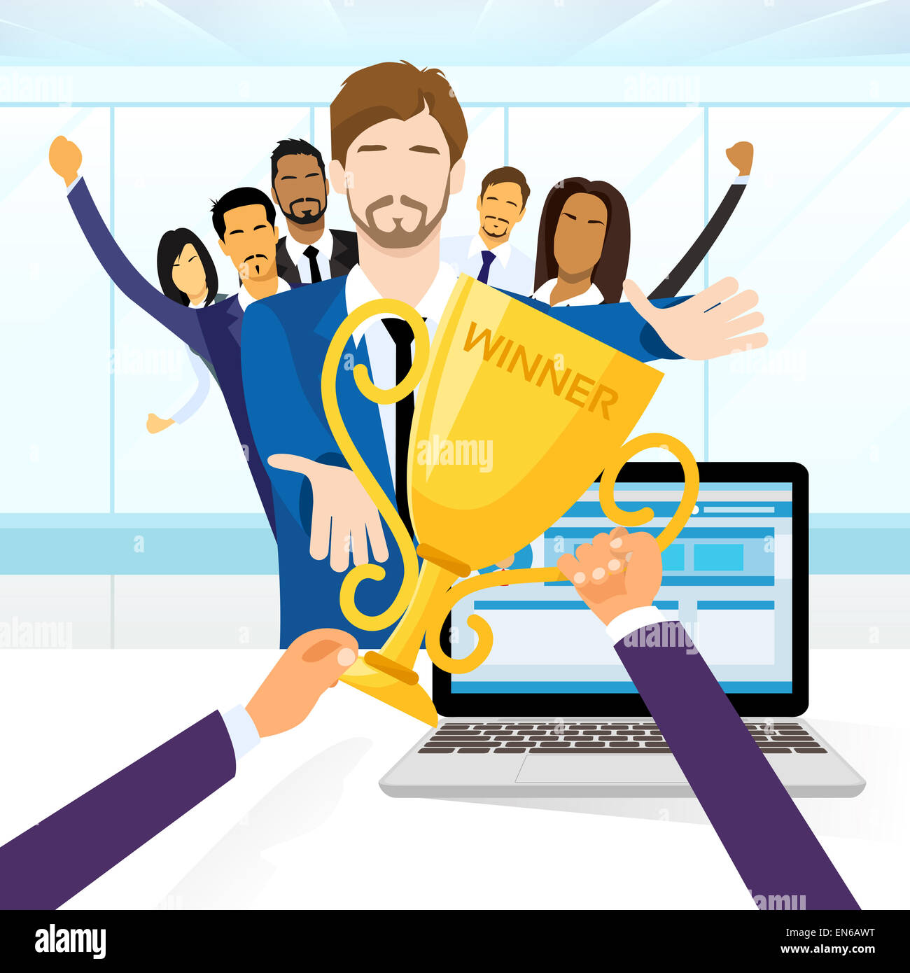 Business Man Get Prize Winner Cup, People Congratulating Colleague ...