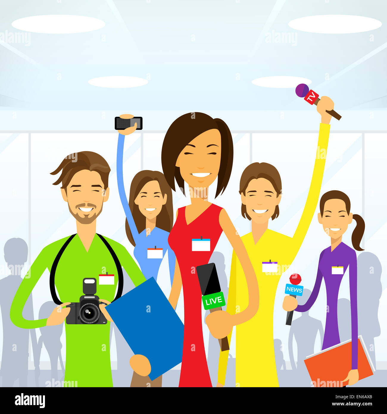 Journalists Crew, Woman Reporter eam Live News People Group Stock Photo ...