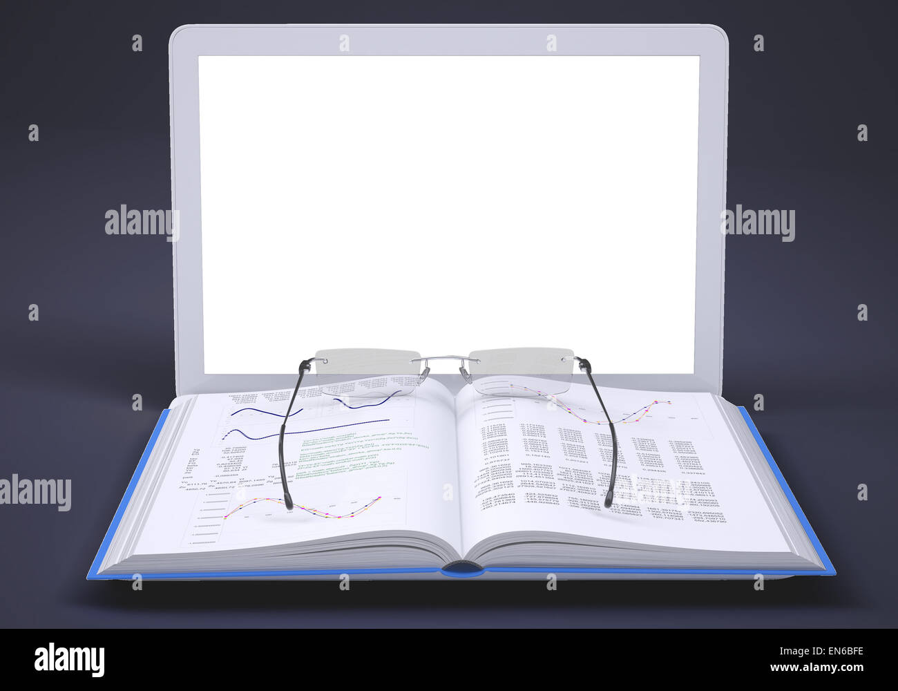 Laptop with open book and glasses Stock Photo - Alamy