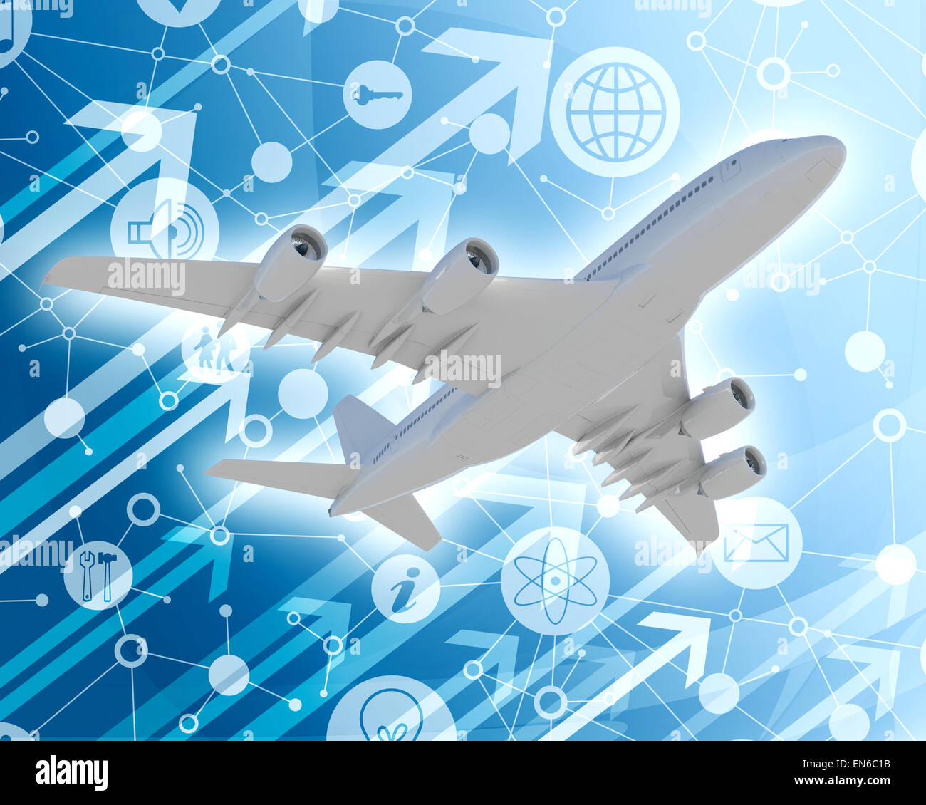 Bottom view of jet with arrows and icons Stock Photo - Alamy