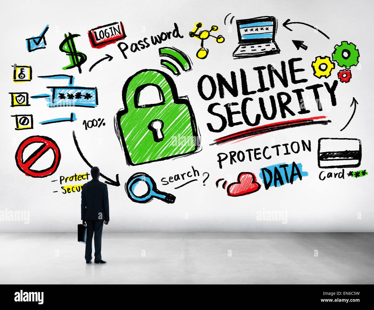 Online Security Protection Internet Safety Businessman Standing Concept ...