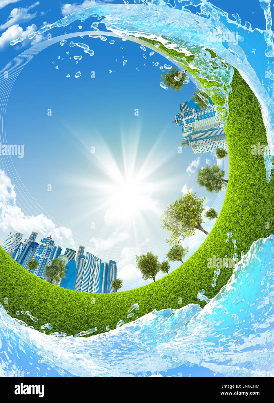 Cityscape bug eye view inside ocean wave Stock Photo - Alamy