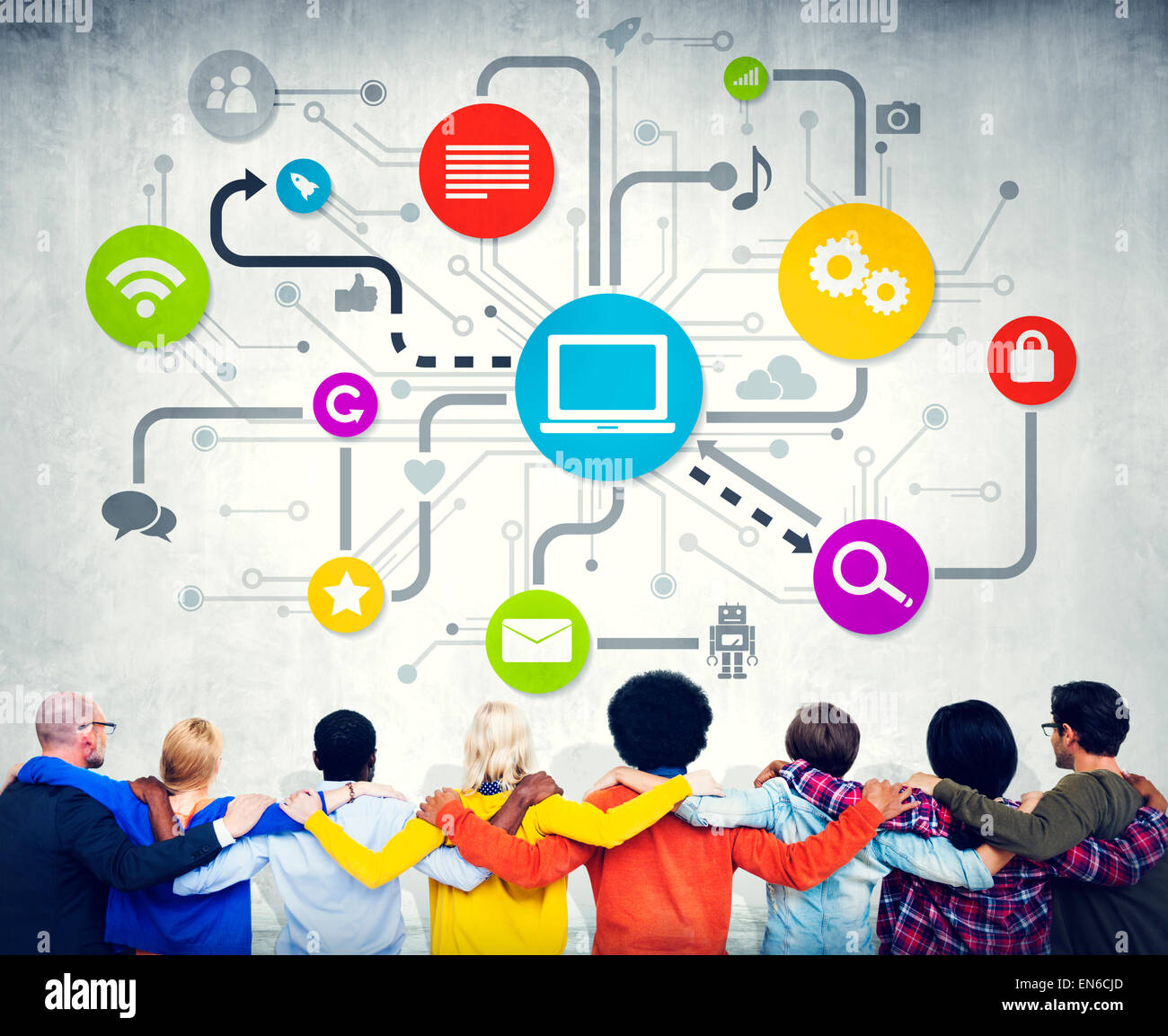 Group Of Multi-Ethnic People Hands On Shoulders Facing Global ...