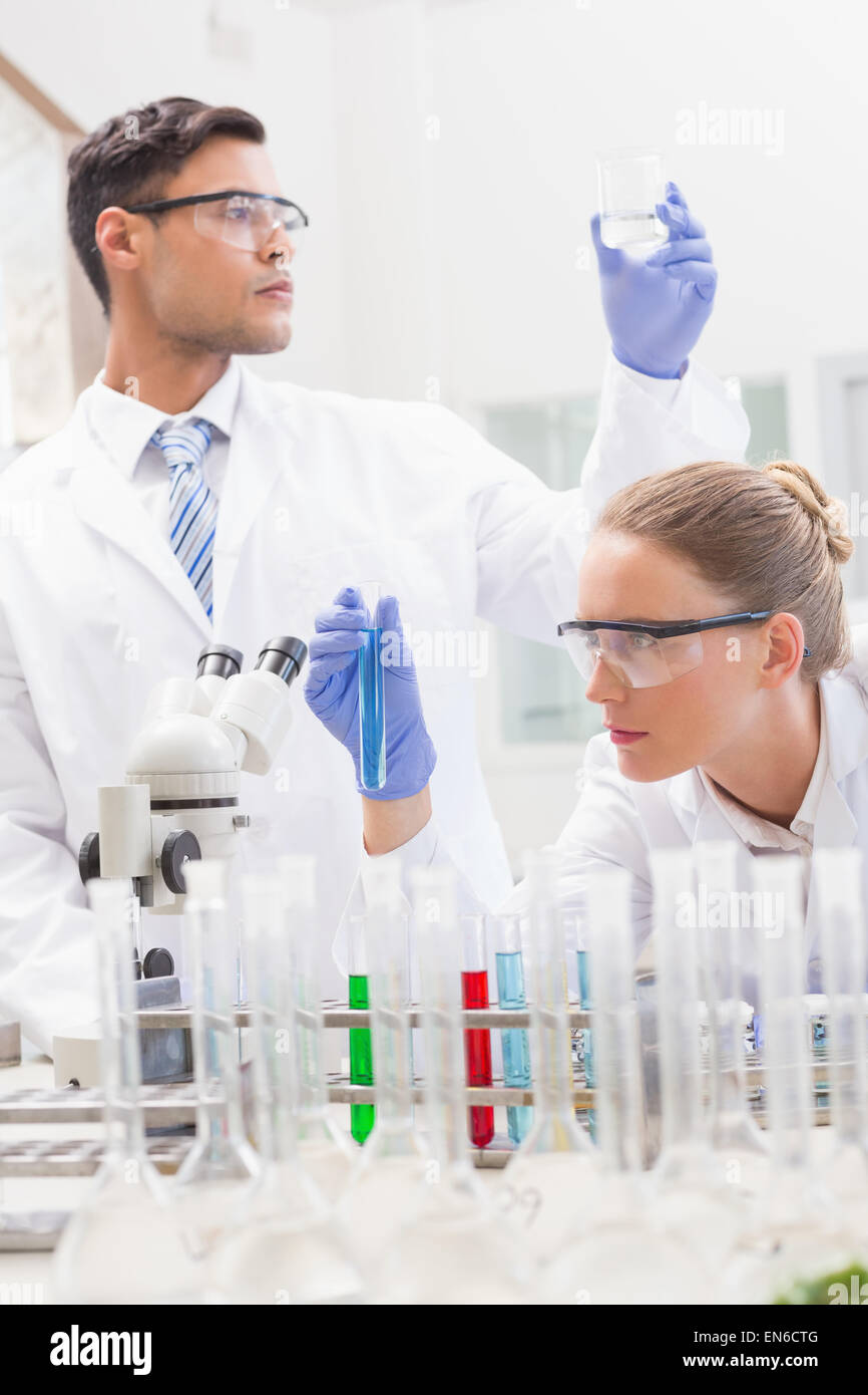 Focused scientists examining test tube and beaker Stock Photo - Alamy