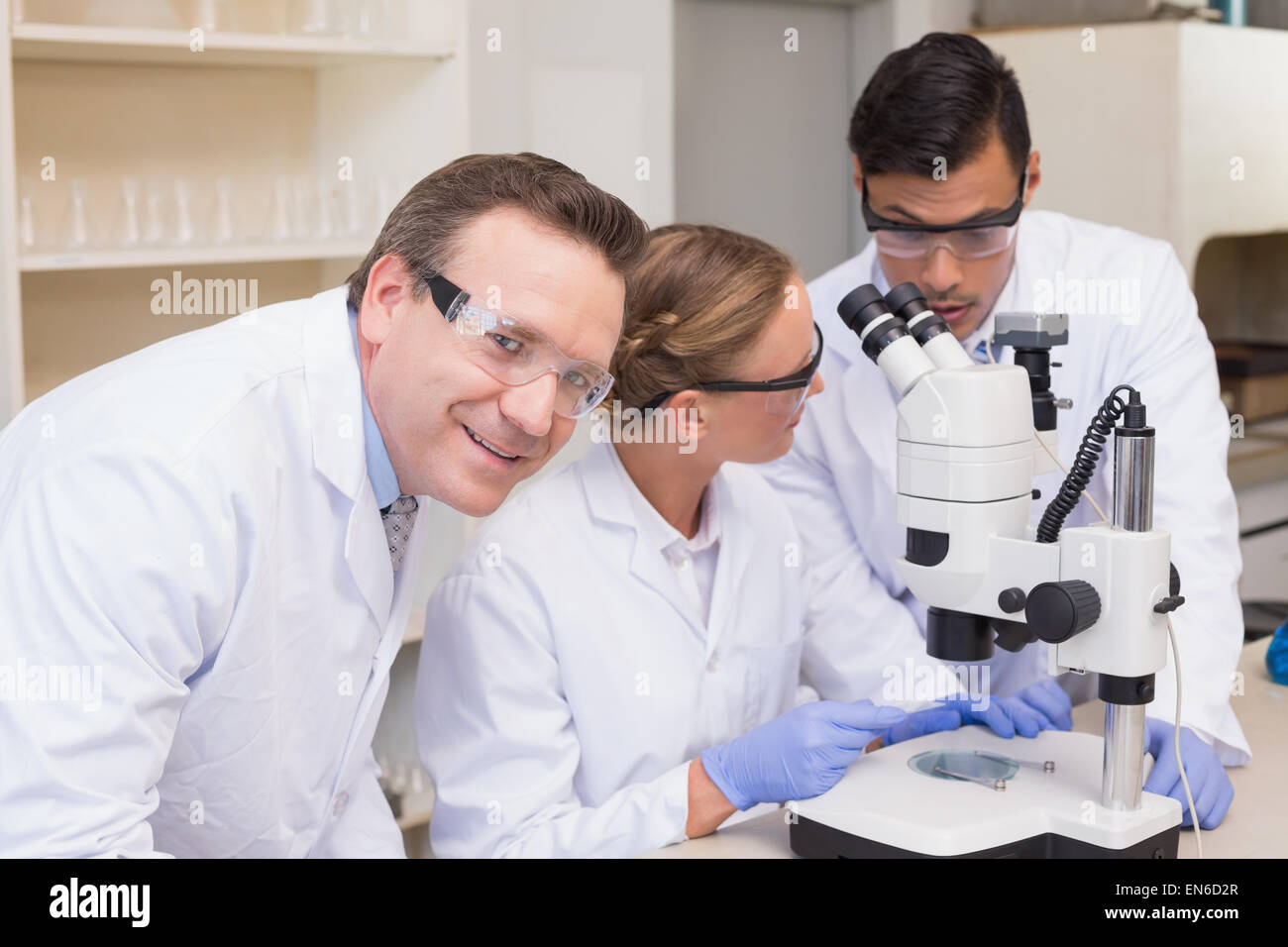 Concentrated scientists working together with microscope Stock Photo ...