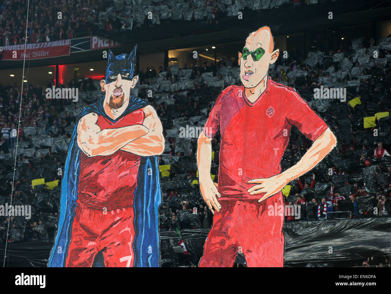 Munich, Germany. 28th Apr, 2015. Two large-scale posters depict Bayern ...