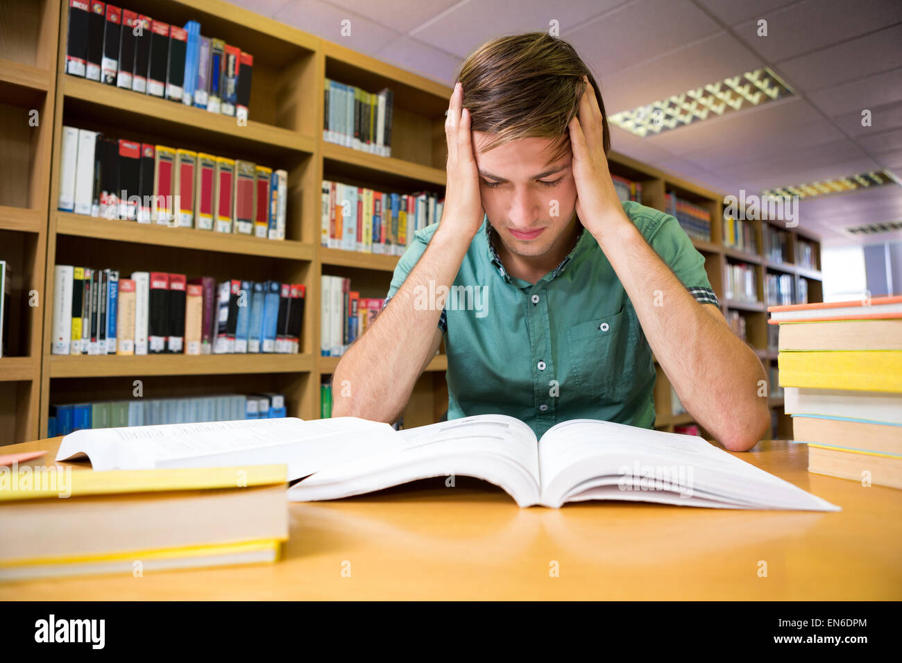 Student sitting in library reading Stock Photo - Alamy