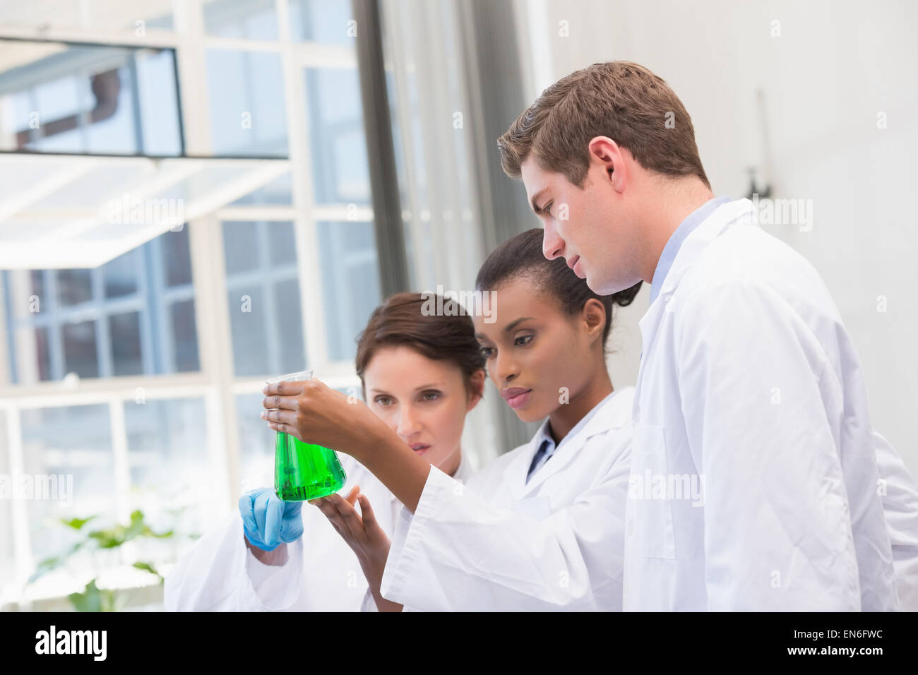Scientists analyzing beakers with chemical fluid Stock Photo - Alamy