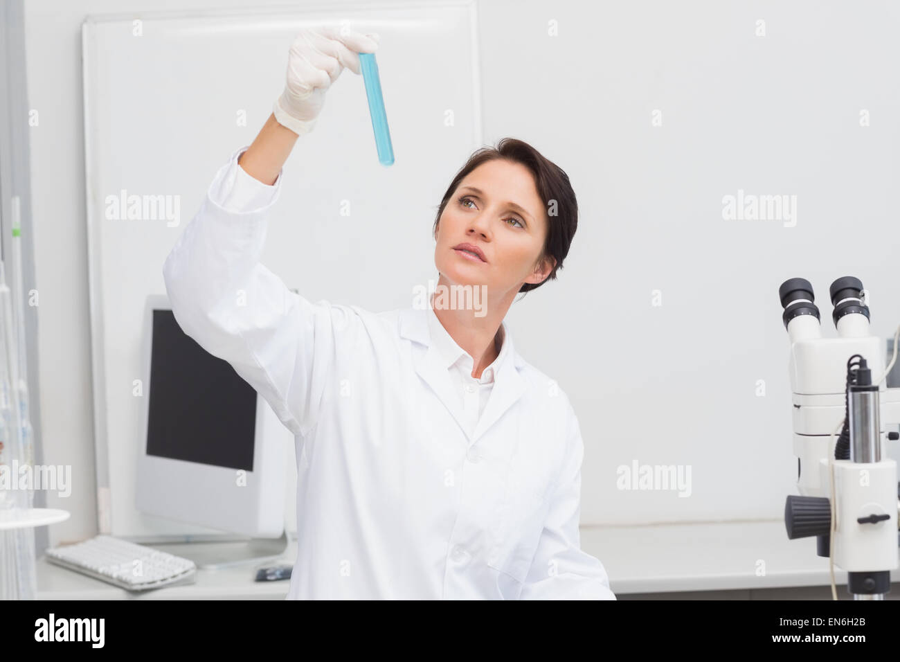Scientist looking attentively at test tube Stock Photo - Alamy
