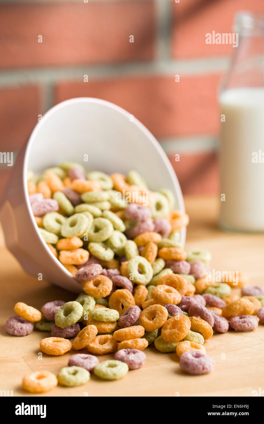 the colorful cereal rings on kitchen table Stock Photo - Alamy
