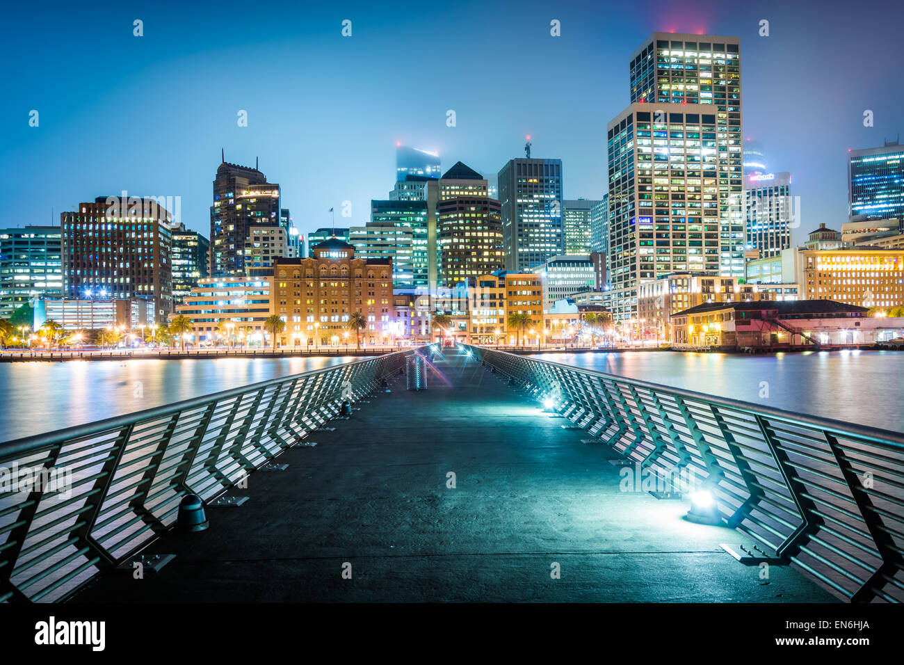 Pier 14 and buildings along the waterfront at night, at the Embarcadero ...