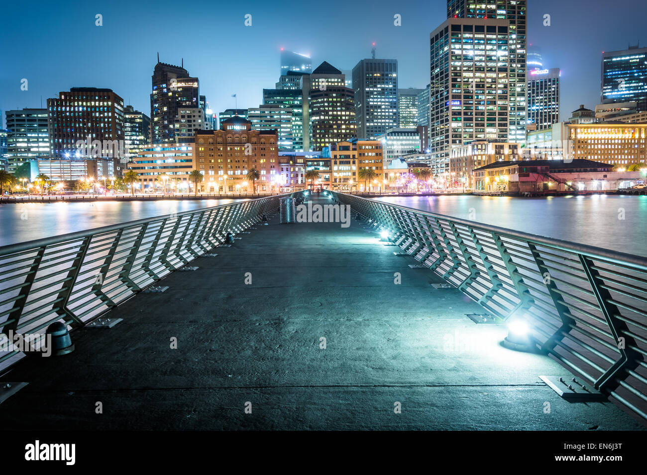 Pier 14 and buildings along the waterfront at night, at the Embarcadero ...