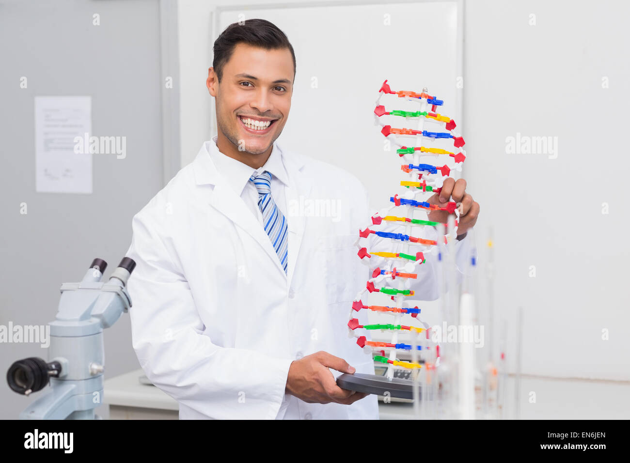 Happy scientist smiling at camera with DNA helix Stock Photo - Alamy