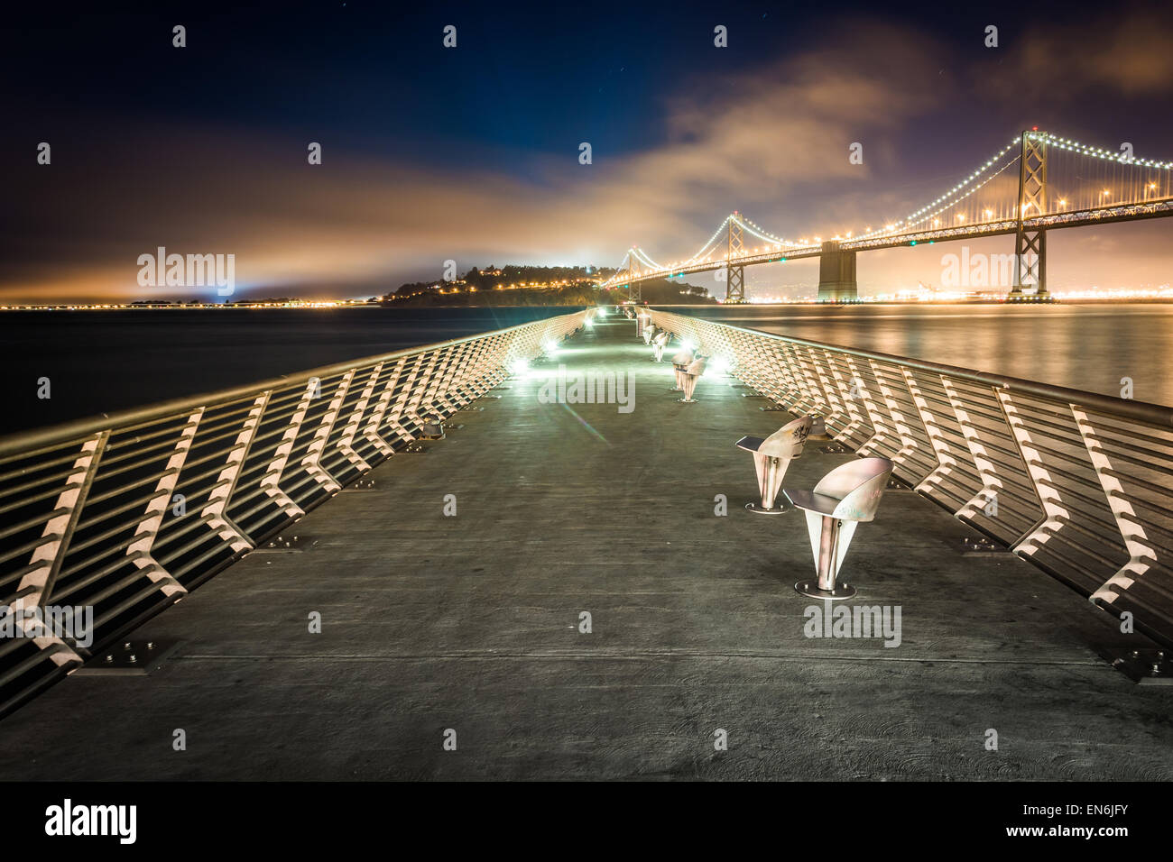 Pier 14 and the San Francisco - Oakland Bay Bridge at night, in San ...