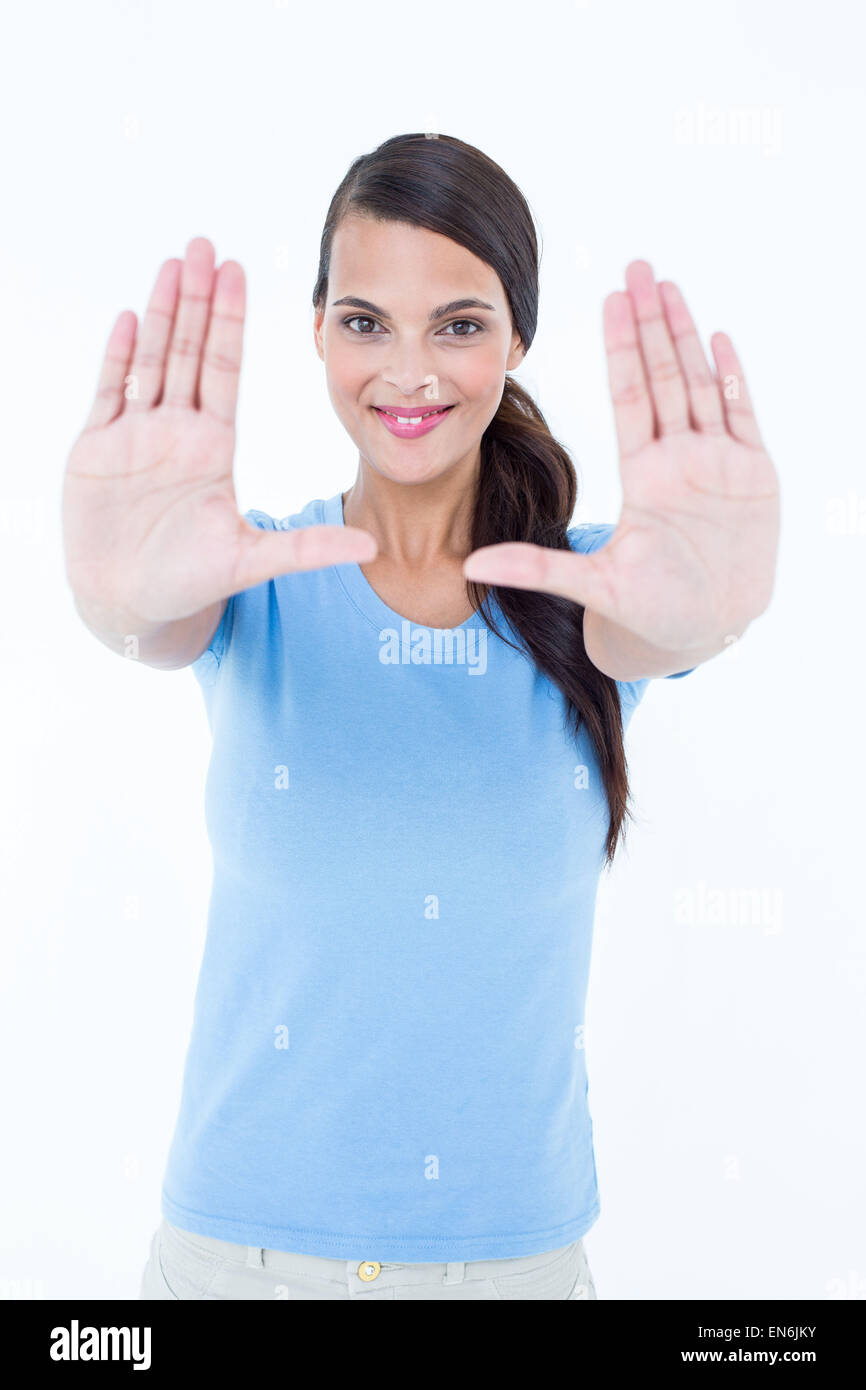 Happy woman showing her hands Stock Photo - Alamy