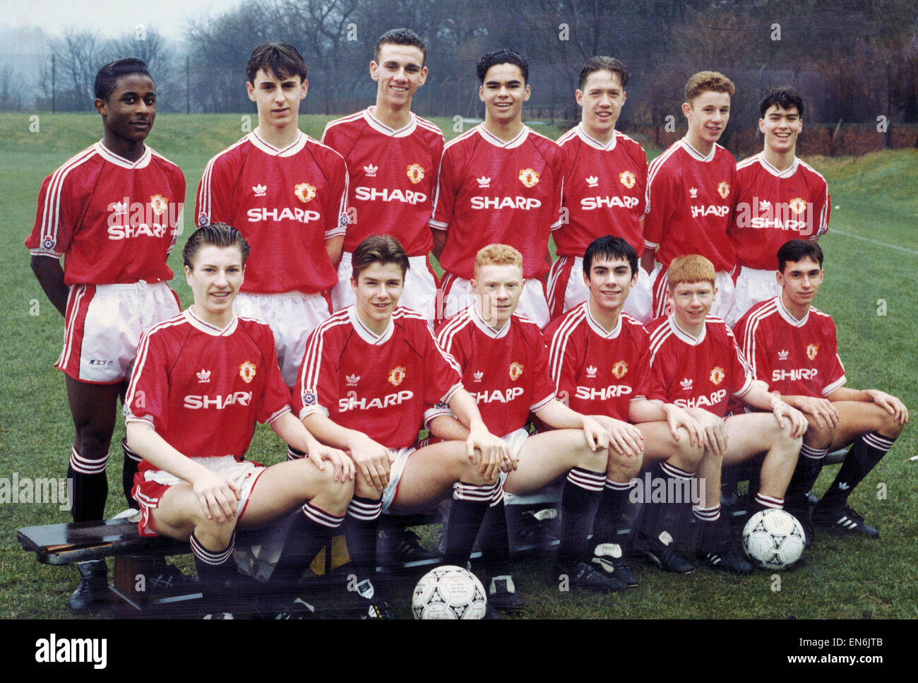 Manchester United youth team pose for a group photograph. They are back ...