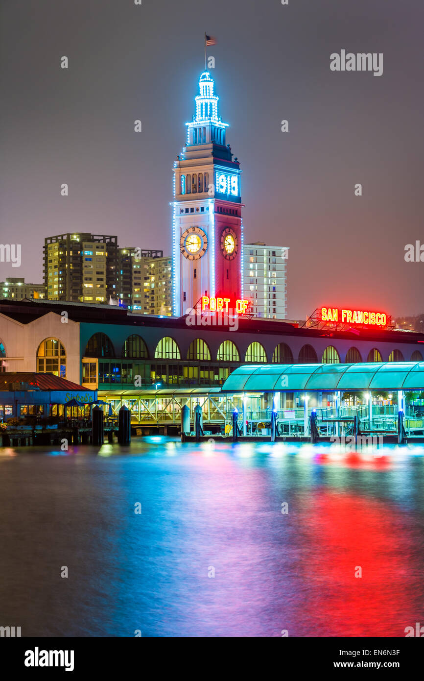 The San Francisco Ferry Building at night, at the Embarcadero, in San ...