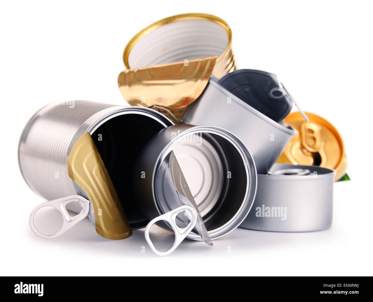 Recyclable garbage consisting of metal cans isolated on white ...