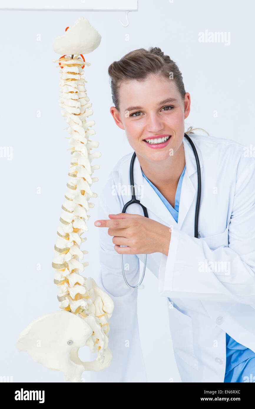 Smiling doctor pointing an anatomical spine Stock Photo - Alamy