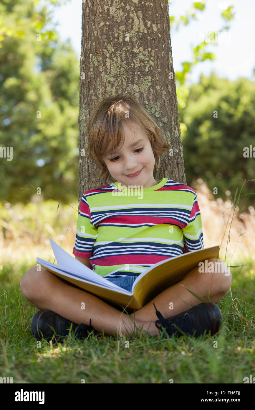 Little boy reading in the park Stock Photo - Alamy