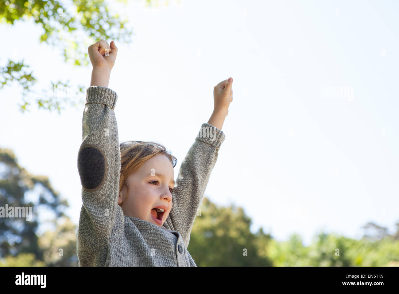 Cute little boy cheering in park Stock Photo - Alamy
