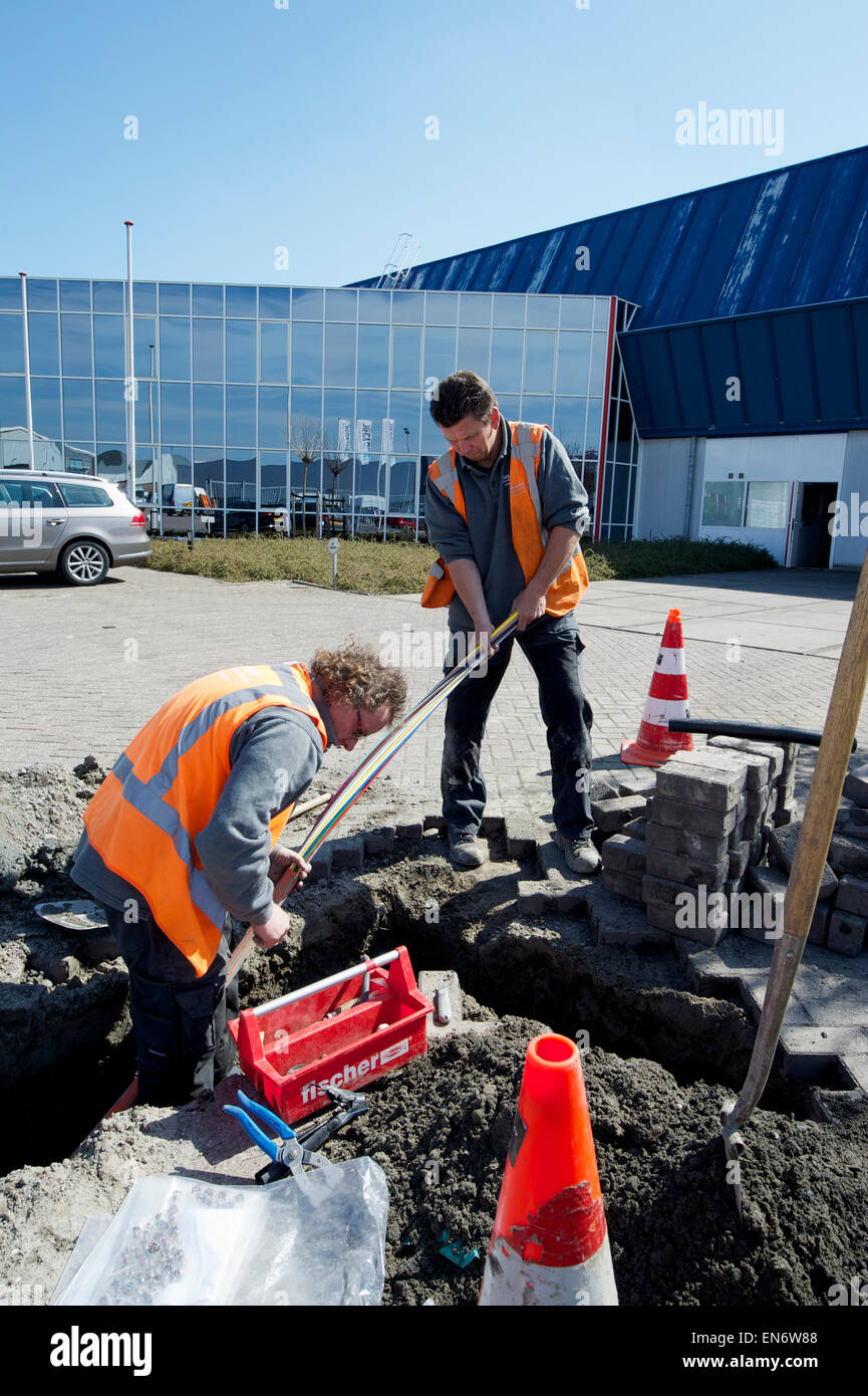 Men laying optical fiber cables Stock Photo - Alamy