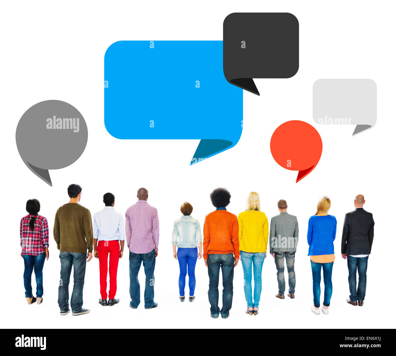 Multiethnic Diverse People Facing Backwards with Speech Bubbles Stock ...