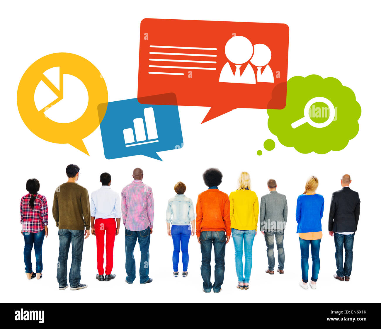 Multiethnic Diverse People Facing Backwards with Speech Bubbles Stock ...