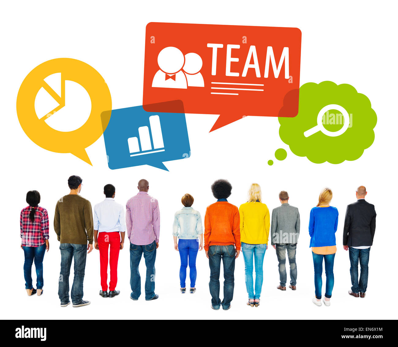 Multiethnic Diverse People Facing Backwards with Speech Bubbles Stock ...