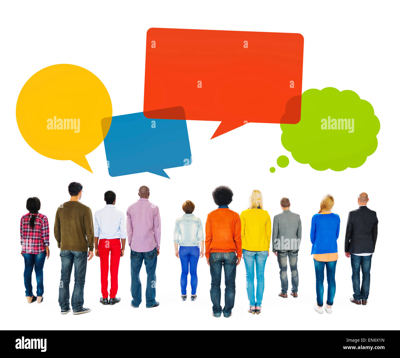 Multiethnic Diverse People Facing Backwards with Speech Bubbles Stock ...