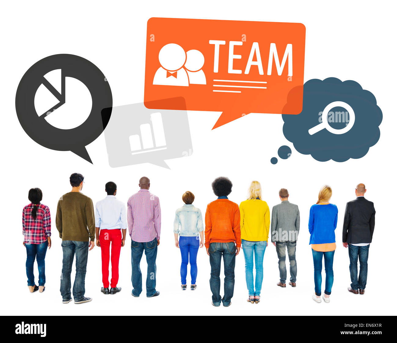 Multiethnic Diverse People Facing Backwards with Speech Bubbles Stock ...