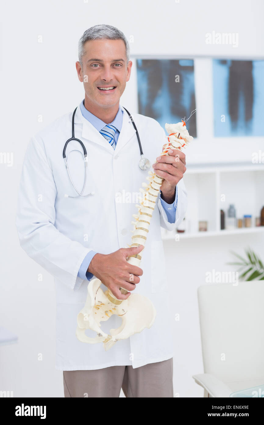 Smiling doctor showing anatomical spine Stock Photo - Alamy