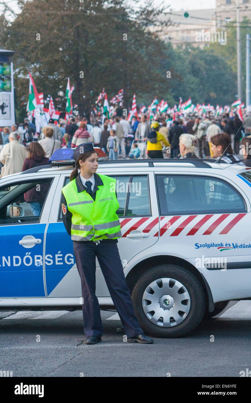 Hungarian police woman at a political demonstration in Pest, Budapest ...