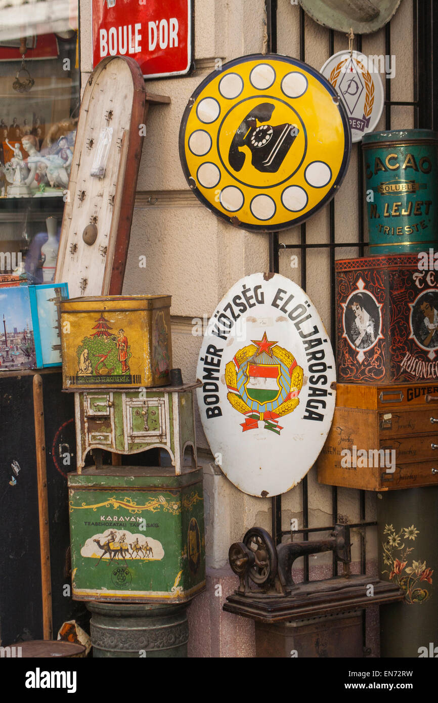Old enamel signs outside an antique shop on Vaci utca in Pest, Budapest ...