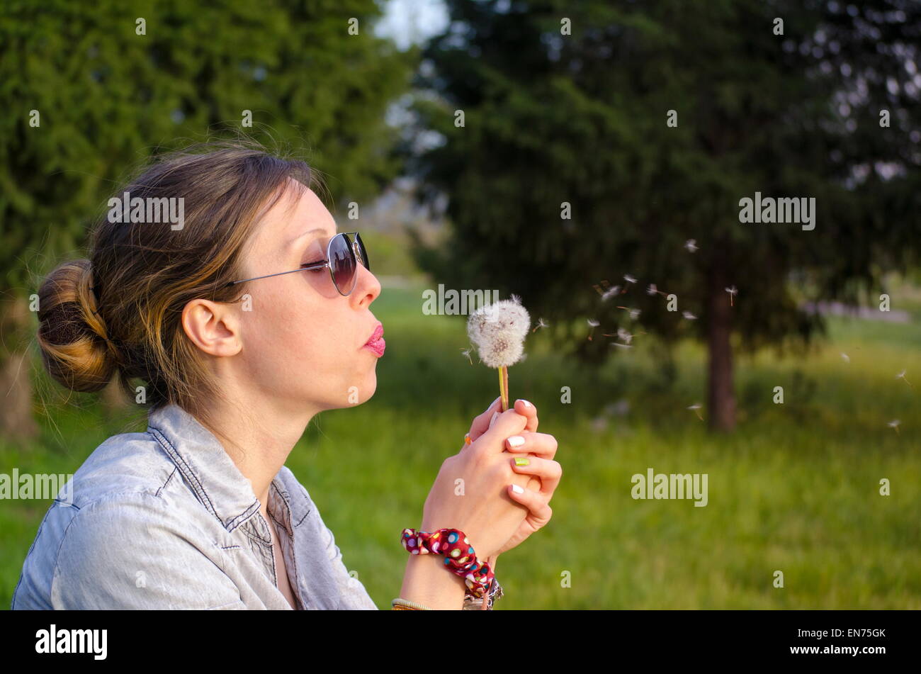 Brunette girl blowing a dandelion Stock Photo - Alamy