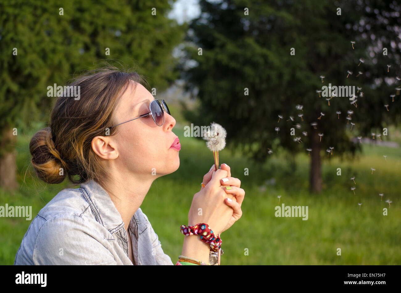 Brunette girl blowing a dandelion Stock Photo - Alamy