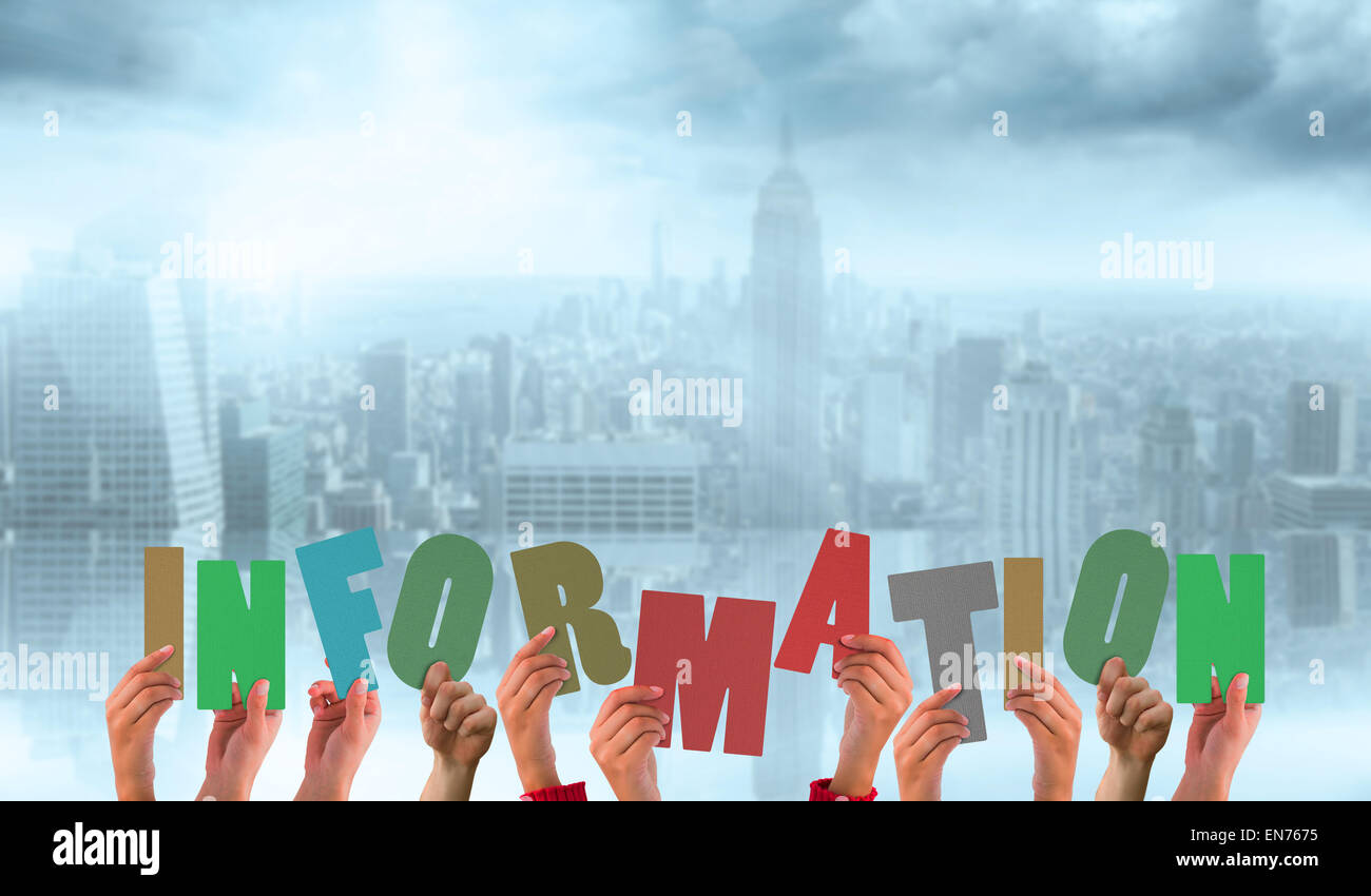 Composite image of hands holding up information Stock Photo - Alamy