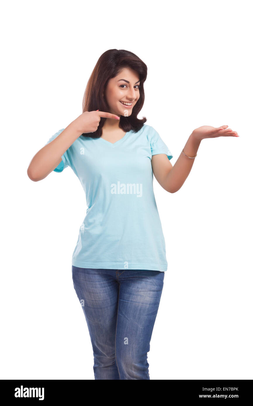 Portrait of a woman pointing Stock Photo - Alamy