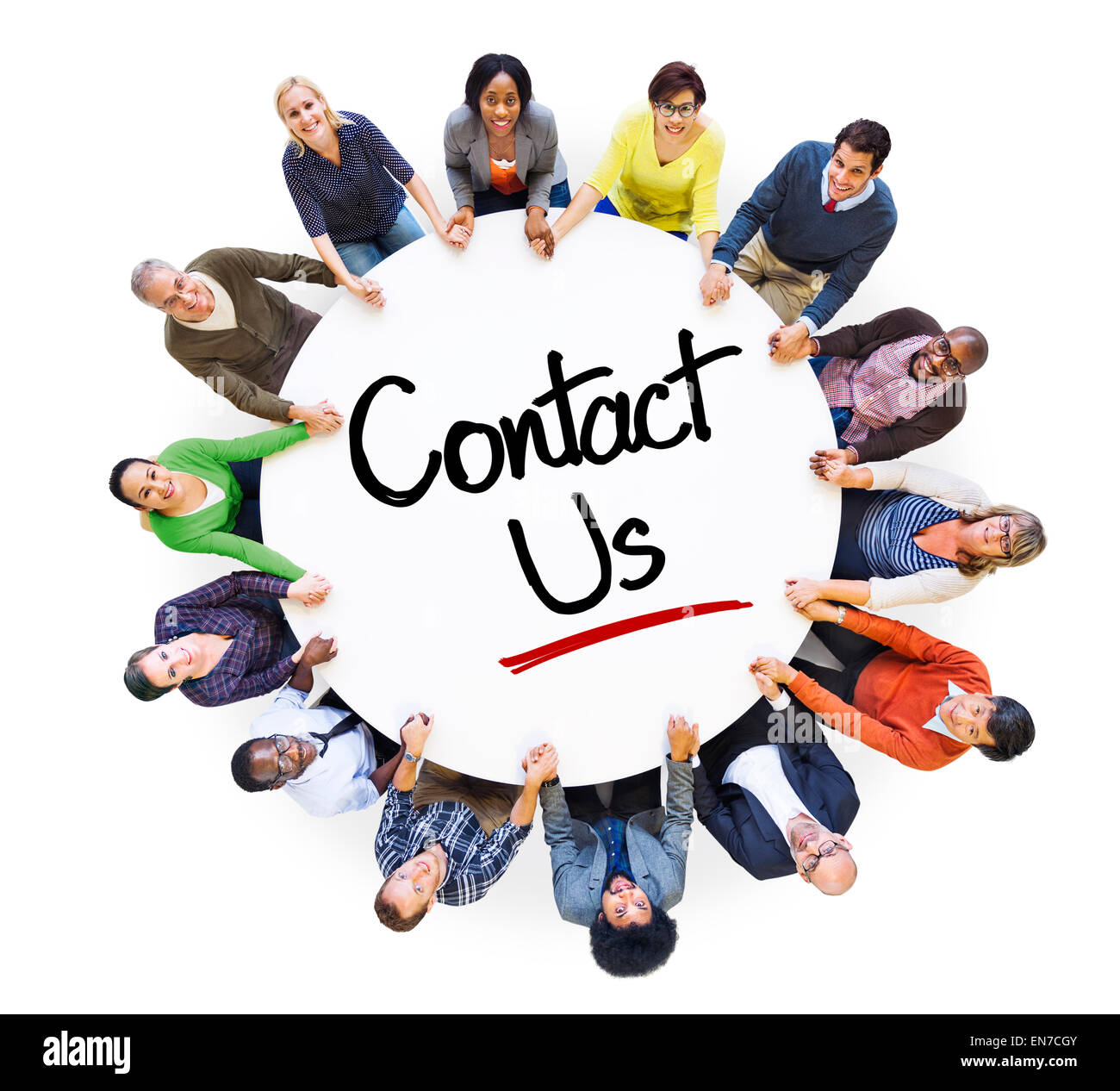 Diverse People in a Circle with Contact Us Concept Stock Photo - Alamy