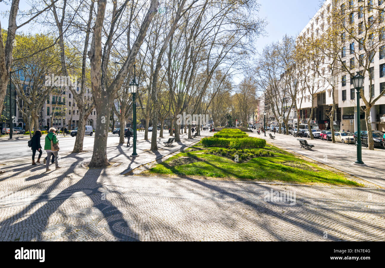 LISBON PORTUGAL SPRINGTIME TREES AND FLOWER BEDS ALONG THE AVENIDA DA ...