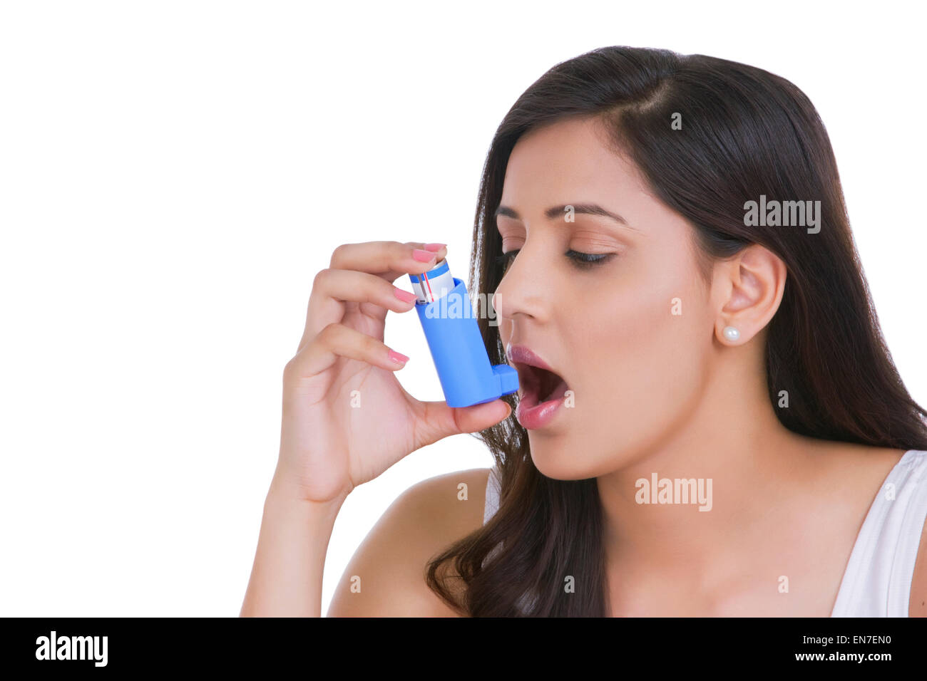 Woman asthma inhaler blue hi-res stock photography and images - Alamy
