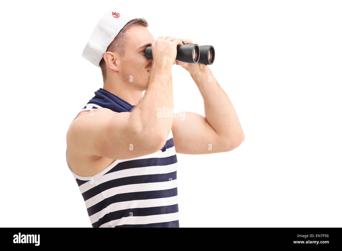 Young male sailor with a striped shirt and a sailors hat looking ...