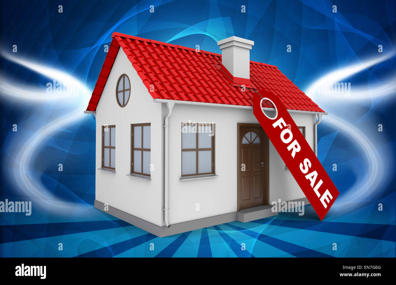 Home for sale real estate sign and small house Stock Photo - Alamy