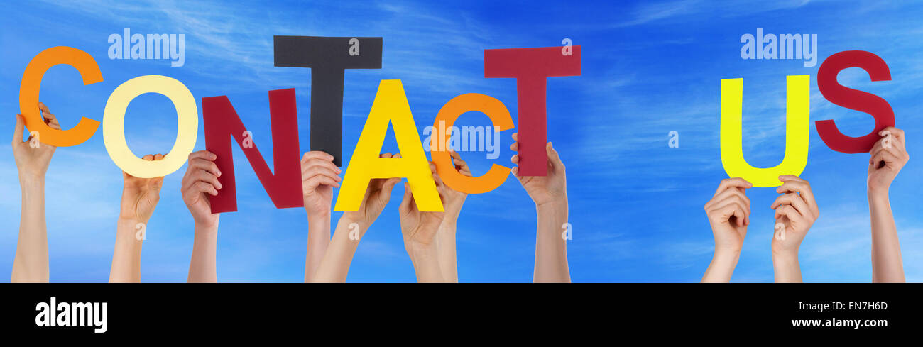 Hands Holding Colorful Word Contact Us Blue Sky Stock Photo - Alamy