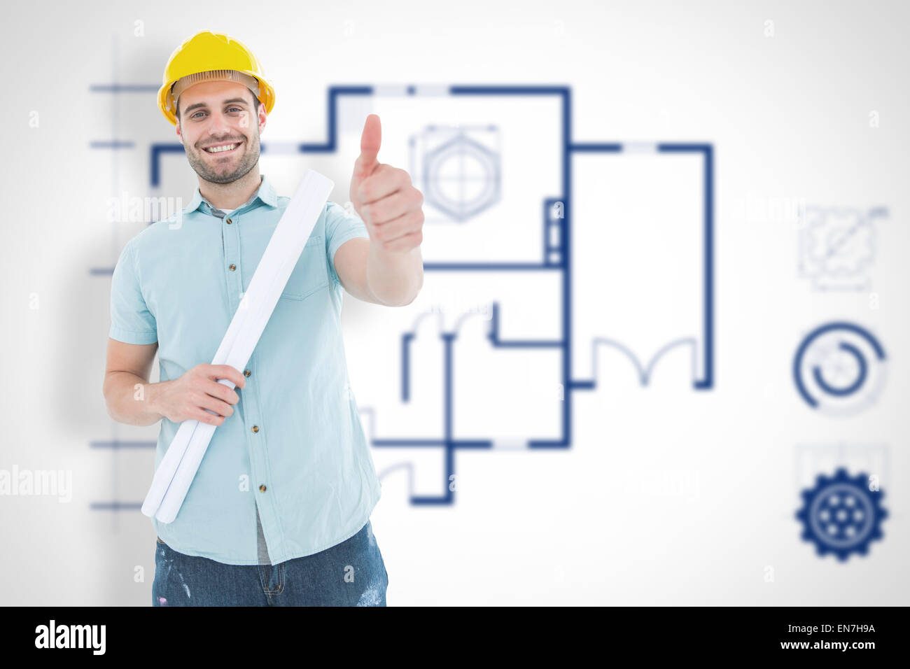 Composite image of male architect with blueprint gesturing thumbs up ...