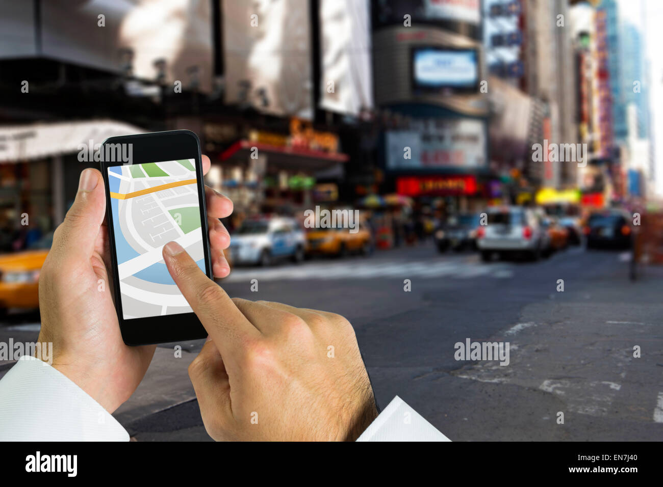 Composite image of man using map app on phone Stock Photo - Alamy